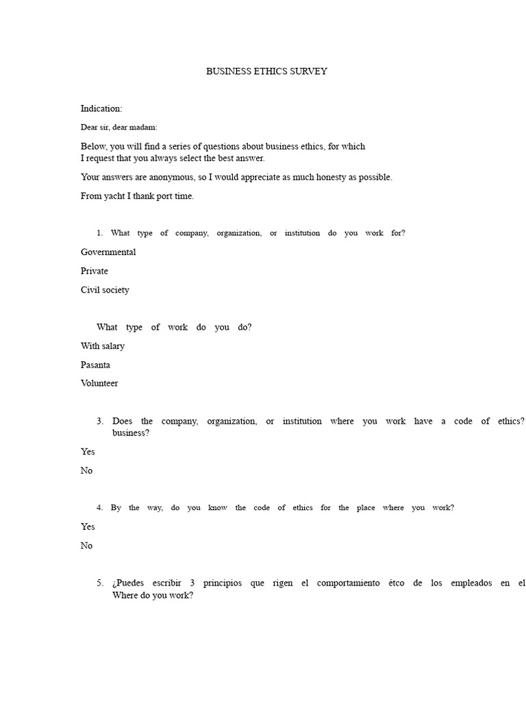 Business Ethics Survey | PDF | Business Ethics | Reputation