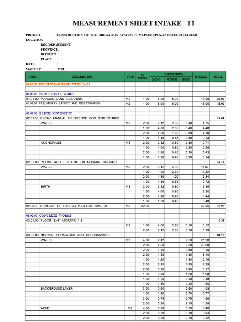 MEASUREMENT SHEET OF INTAKE - DAM.xls | PDF | Concrete | Building ...