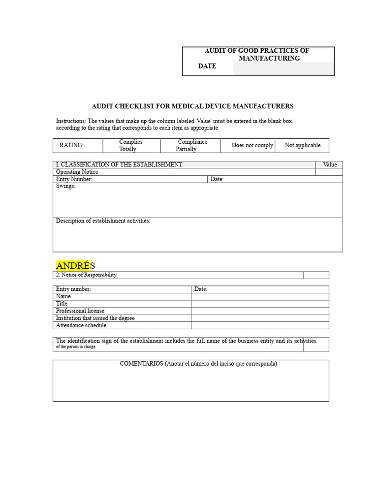 Medical Device Manufacturing Audit Checklist | PDF | Verification And ...