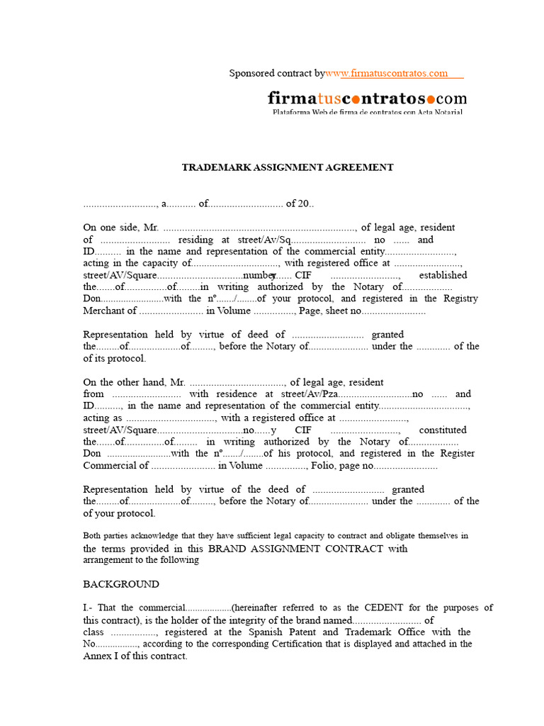 Trademark Assignment Agreement Template | PDF | Assignment (Law ...