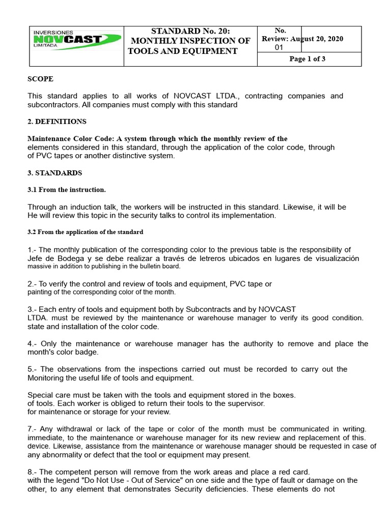 Monthly Tool Inspection Standards | PDF