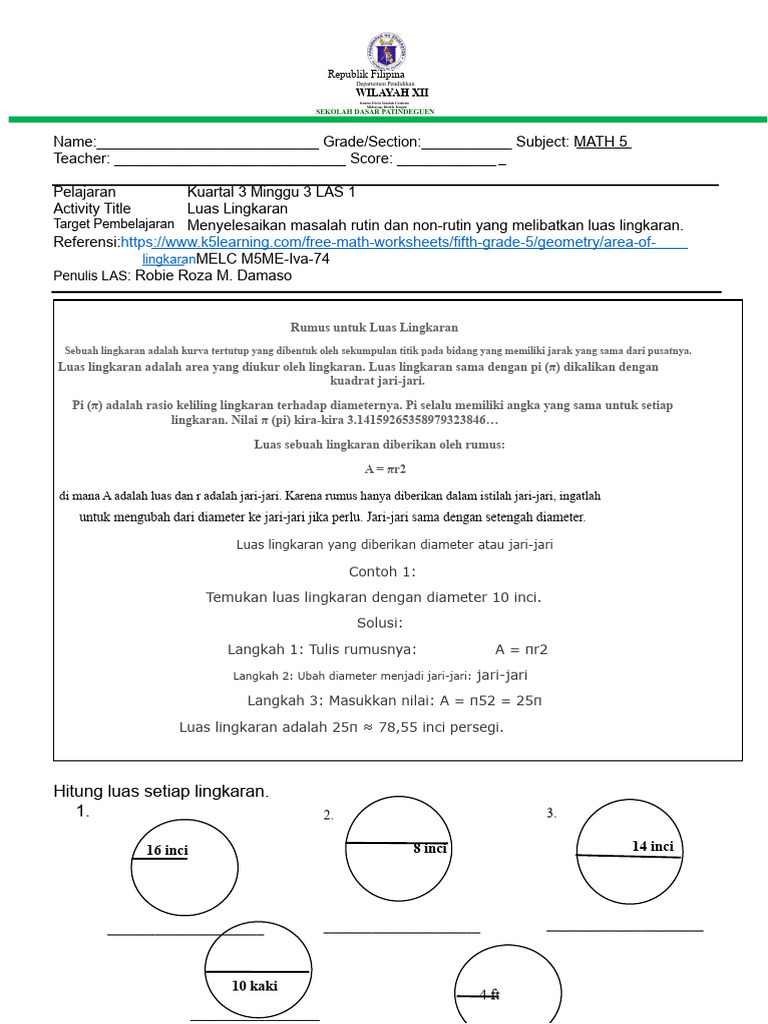 Luas Lingkaran: Rumus dan Contoh MATH 5 | PDF