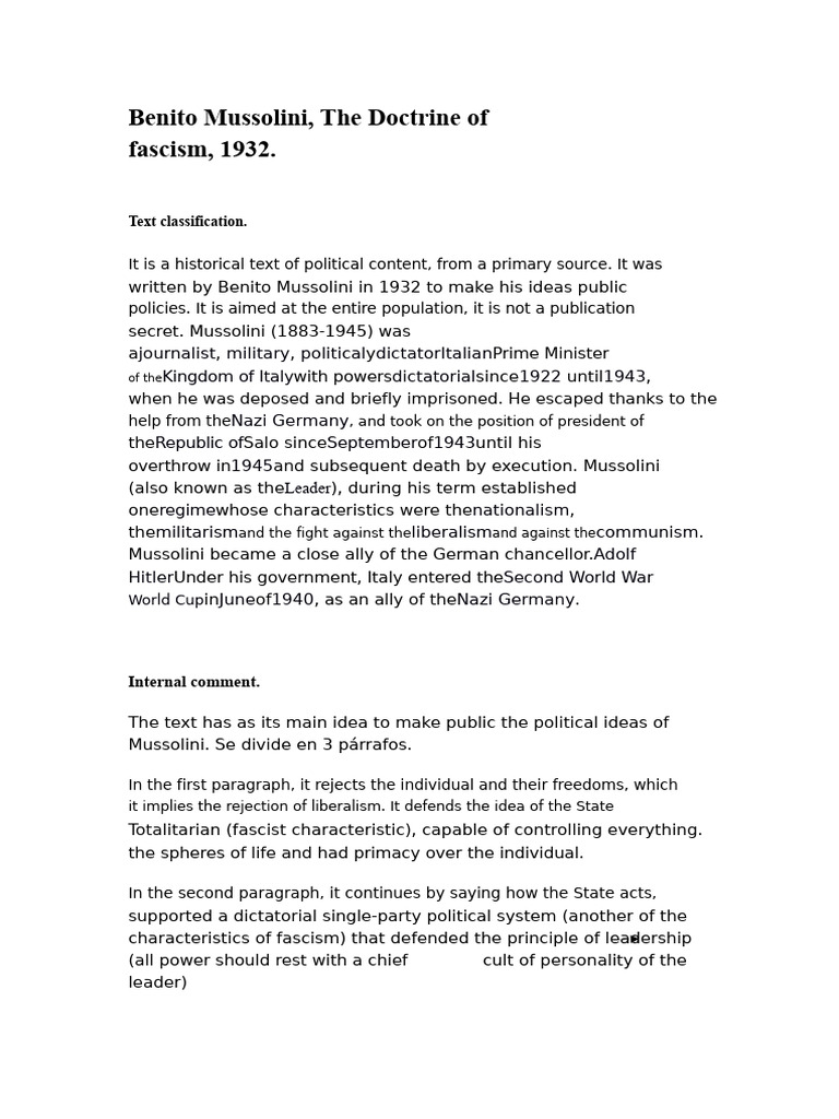 Mussolini's 1932 Fascism Doctrine Explained | PDF | Fascism | Benito ...