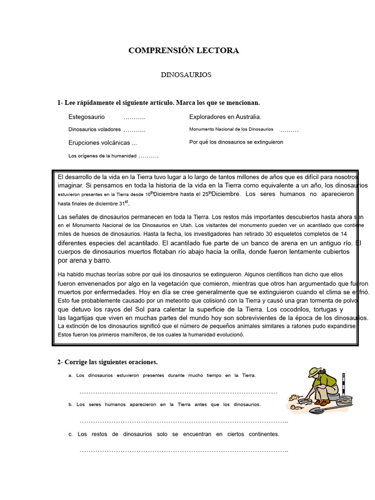 Ejercicios de Comprensión de Lectura Sobre Dinosaurios - 2978 | PDF ...