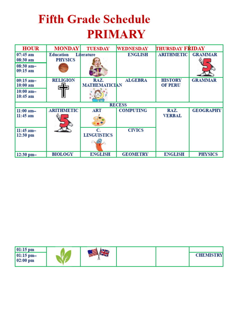 Fifth Grade Weekly Class Schedule | PDF