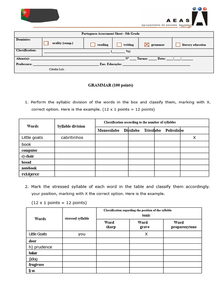 2122 Test Grammar 5th Grade Special Education | PDF | Linguistics | Syntax