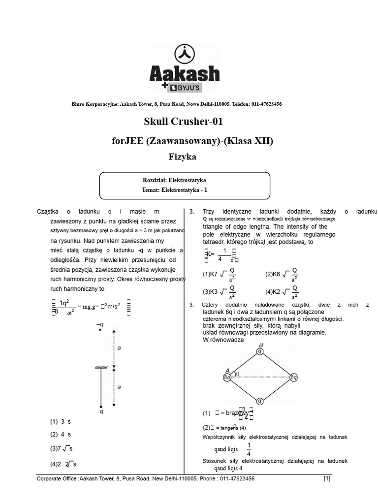 Skull Crusher 01 Klasa XII JEE (Adv) Fizyka | PDF