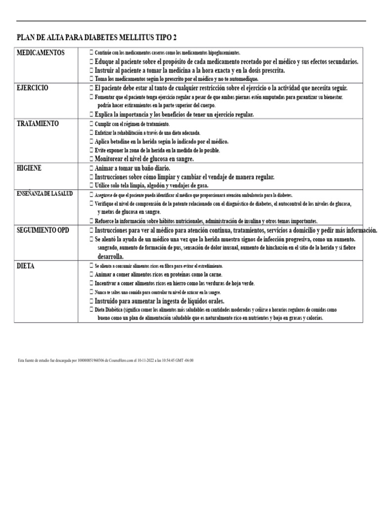 Plan de Alta para Diabetes Tipo 2 | PDF | Diabetes | Alimentos