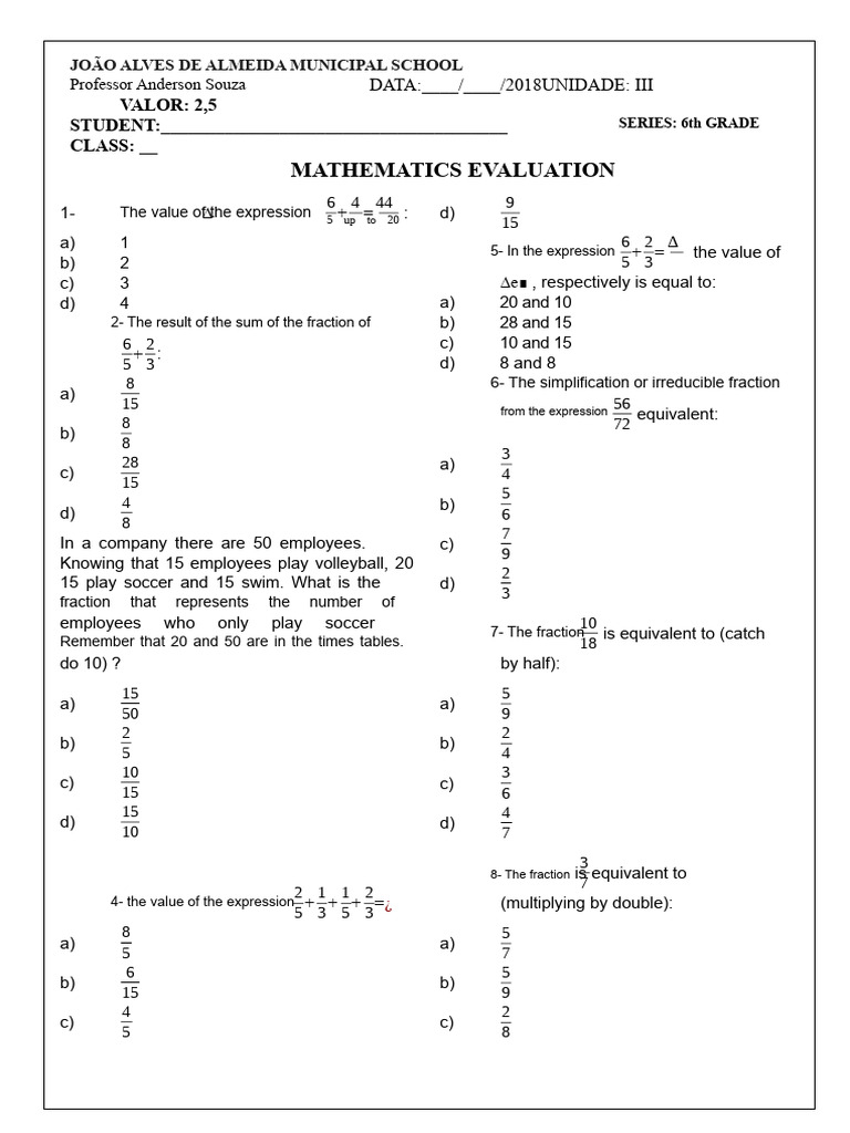 6th Grade Assessment - FRACTION | PDF | Mathematics | Arithmetic