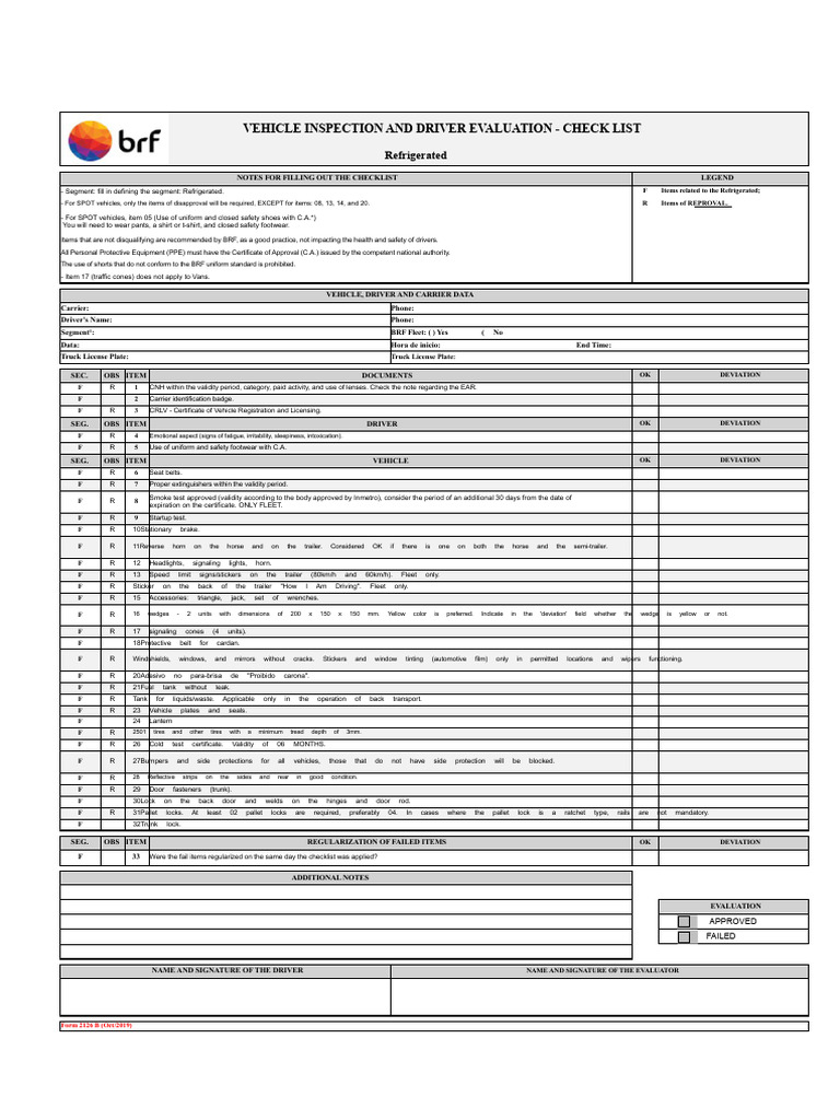 Form 2126 B _ Refrigerated Operation Vehicle Inspection Checklist | PDF ...