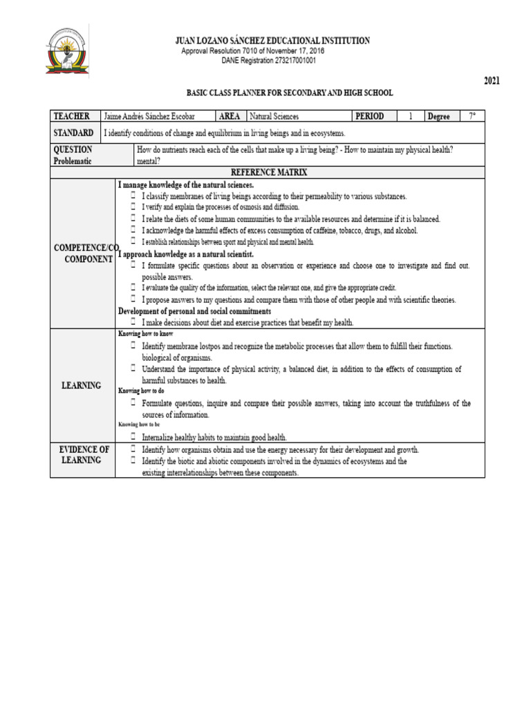 Planning Grade 7 Period 1 Natural Sciences | PDF | Science | Ecosystem