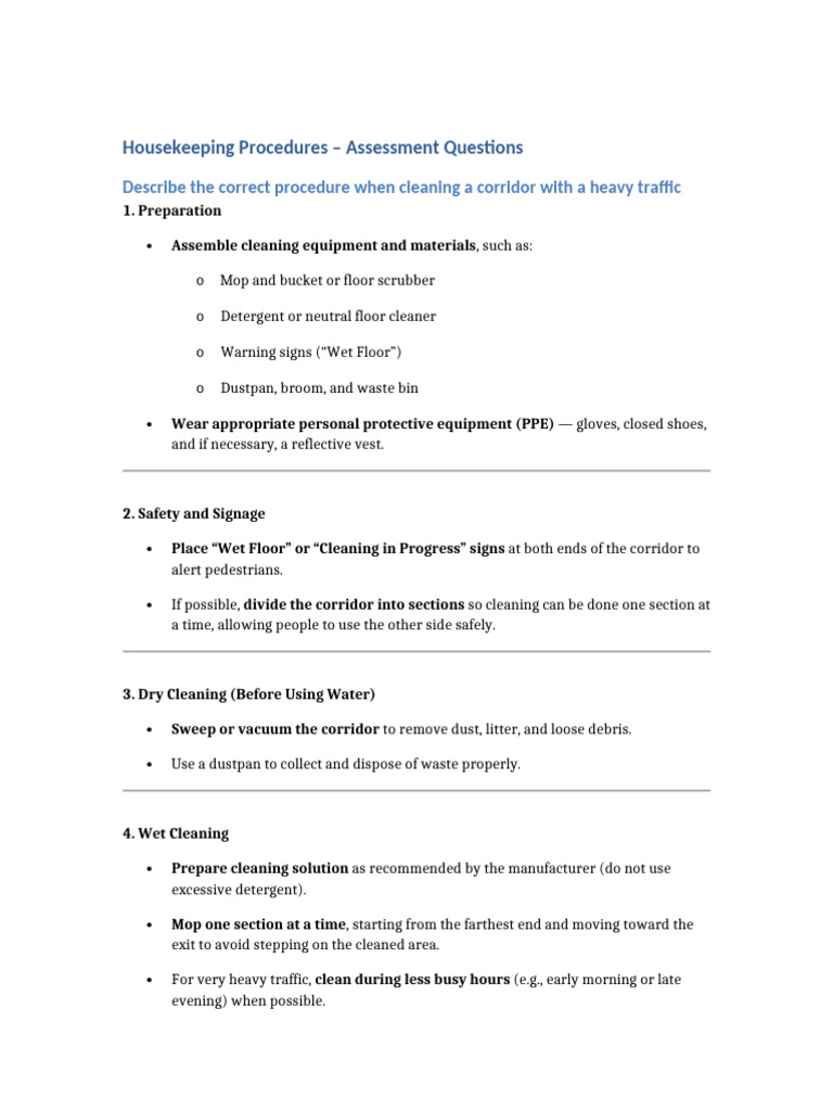 Housekeeping Procedure Questions | PDF | Housekeeping | Cleaning