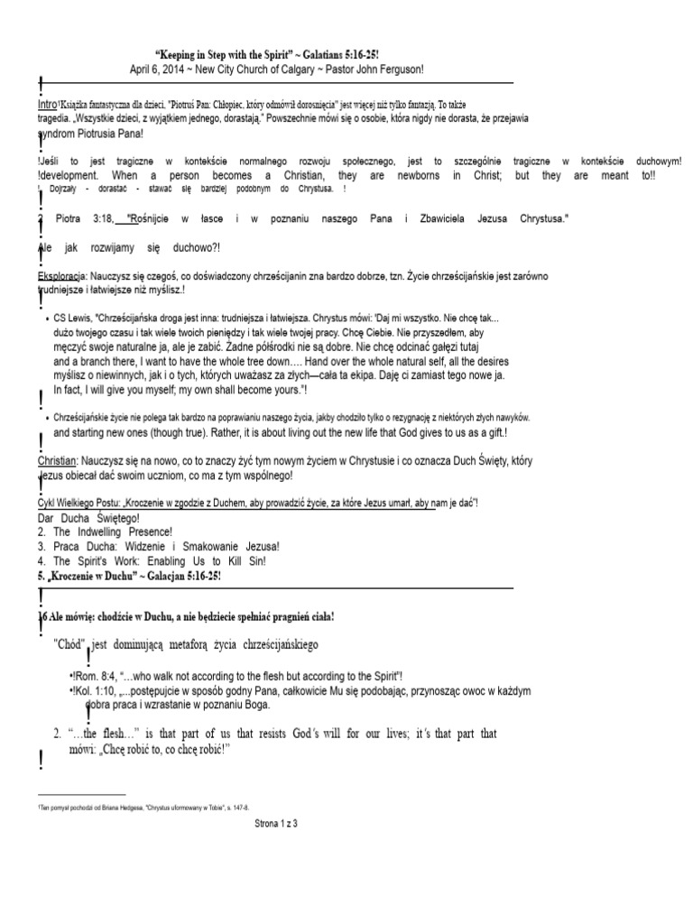 Notatki Z Kazania: "Krocząc W Duchu" (Galacjan 5:16-25) | PDF