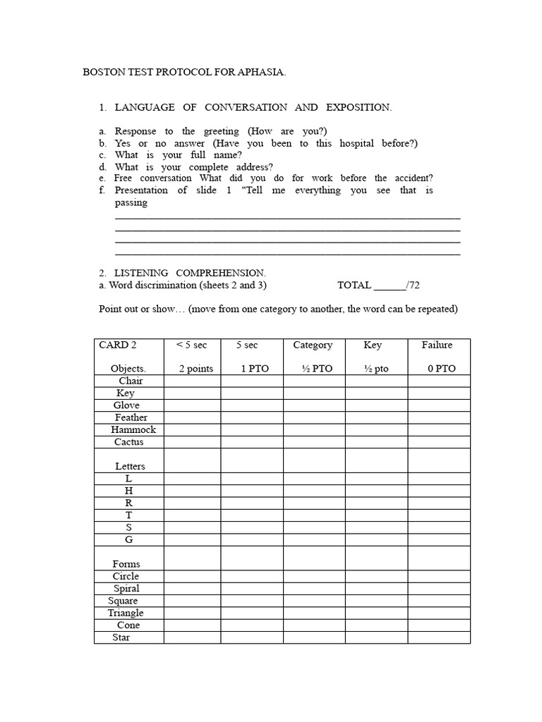 Boston Test Protocol For Aphasia | PDF | Aphasia | Cognitive Science