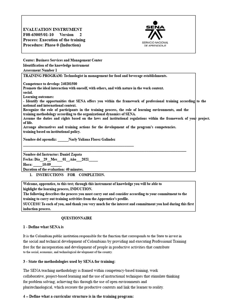 SENA Induction Training Evaluation Tool | PDF | Learning | Vocational ...