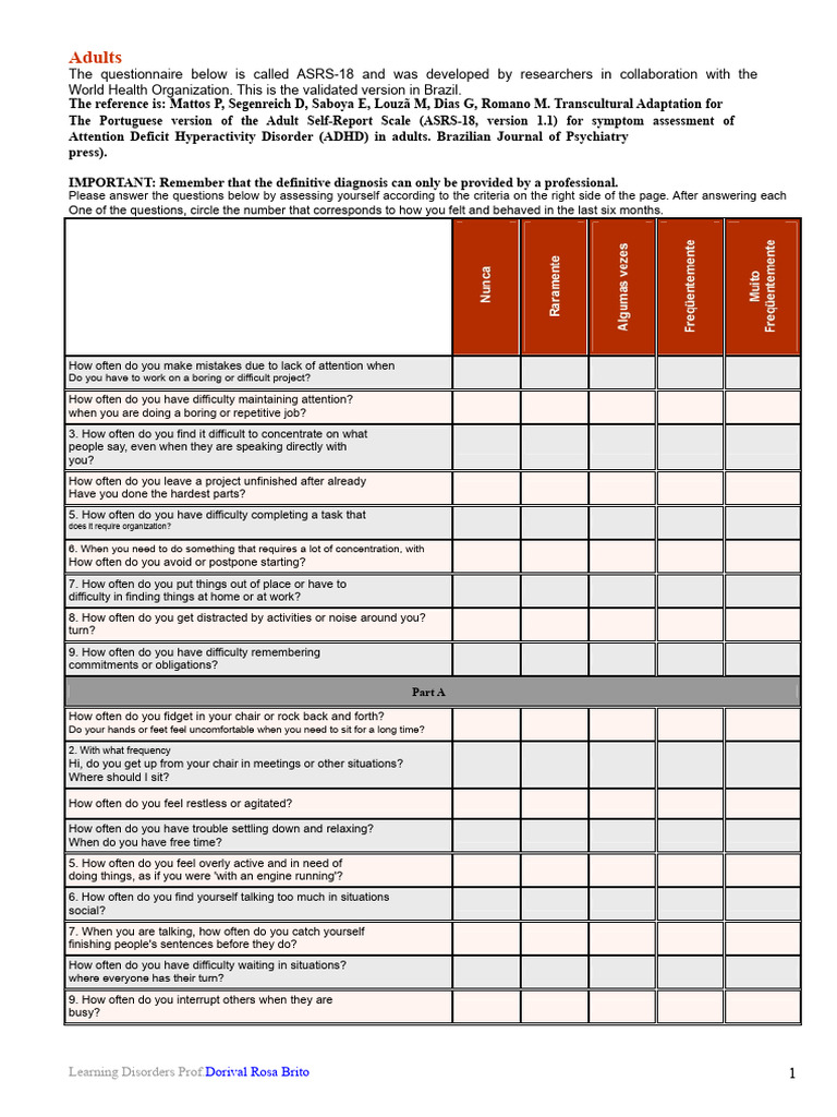 ASRS-18 ADHD Self-Assessment for Adults | PDF | Attention Deficit ...