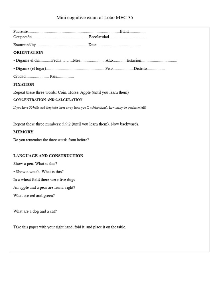 Mini Cognitive Exam: Lobo MEC-35 | PDF