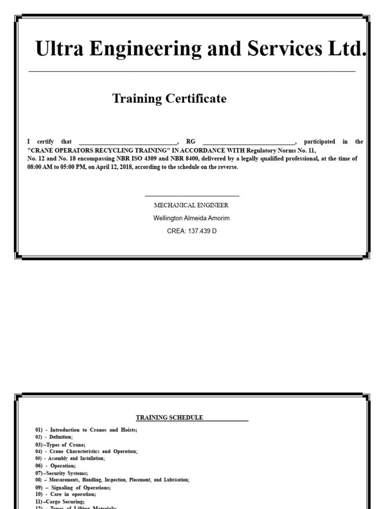 Certificate of Crane Operator Refresher Training | PDF