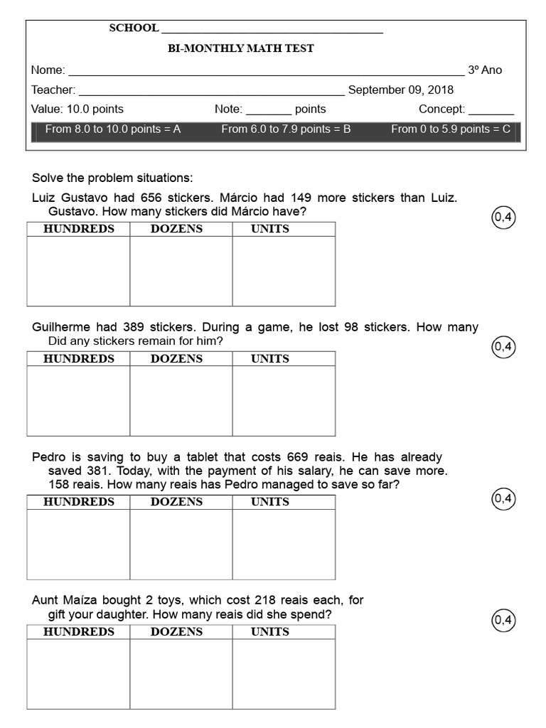 3rd Grade Bi-Monthly Math Test | PDF | Mathematics
