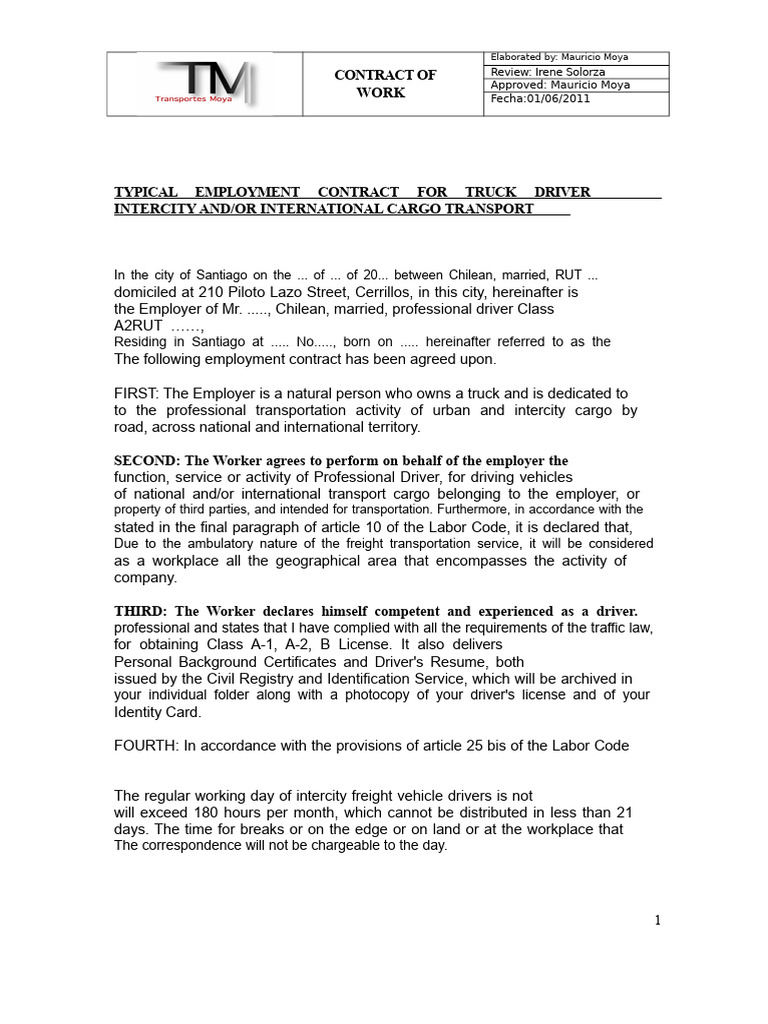 Driver Contract | PDF | Truck | Employment