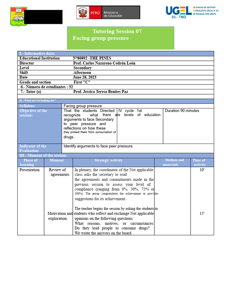 Session 7 - Facing Peer Pressure - 1st - Secondary - DEVIDA - Cycle VI | PDF | Cognition