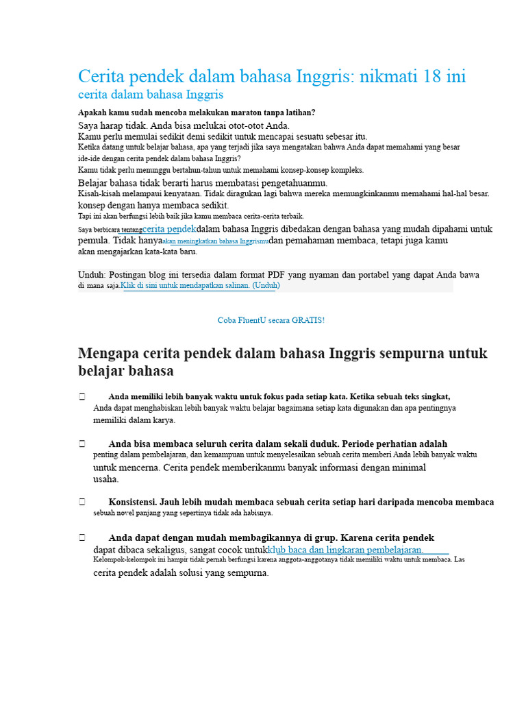 18 Cerita Pendek Bahasa Inggris untuk Belajar | PDF