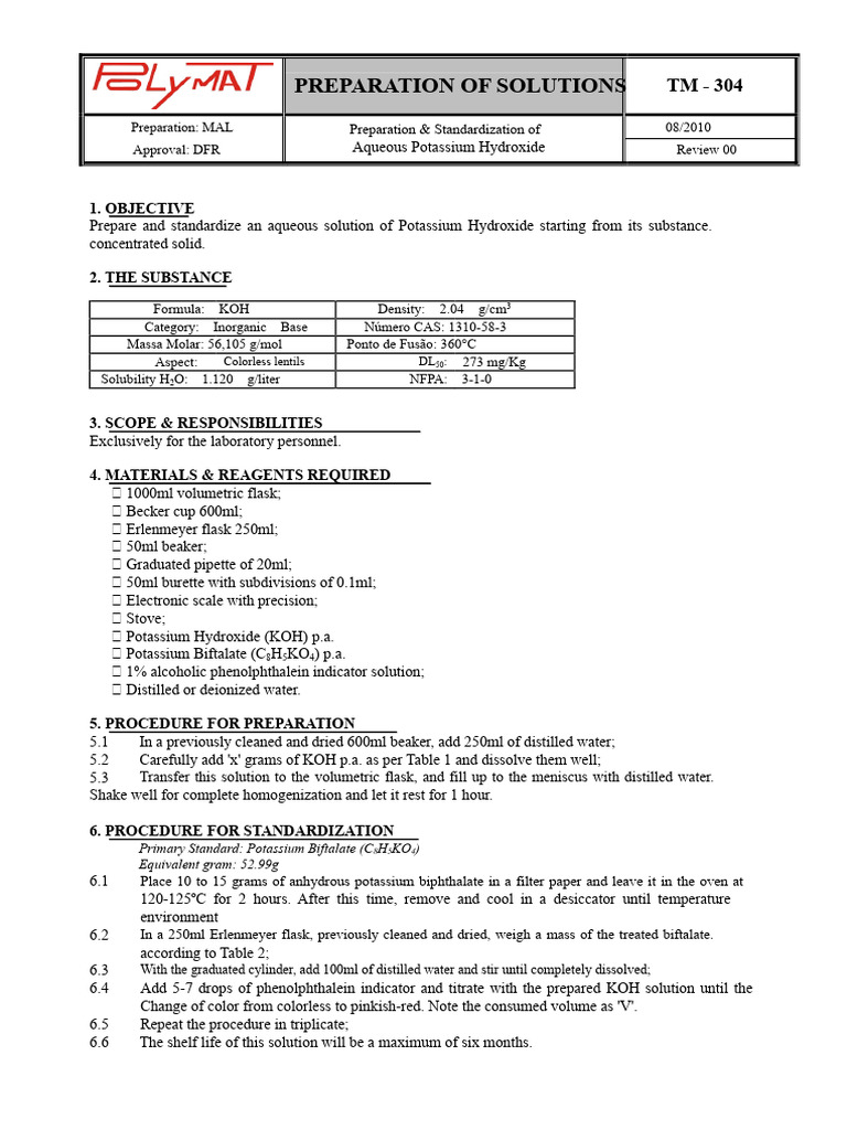 Aqueous Potassium Hydroxide Preparation | PDF | Titration | Chemistry