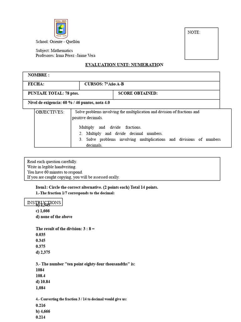 Math Test 7 Months A - B Decimals Final | PDF | Multiplication | Decimal