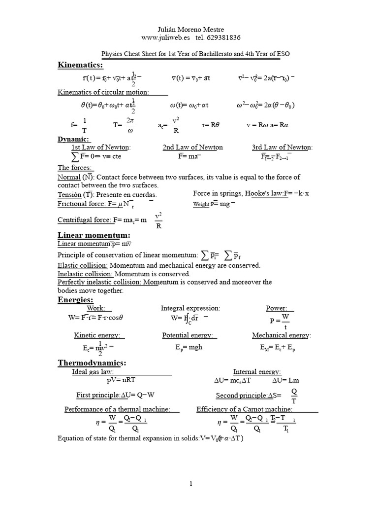 Physics Cheat Sheet 4th ESO and 1st BACH | PDF | Force | Momentum