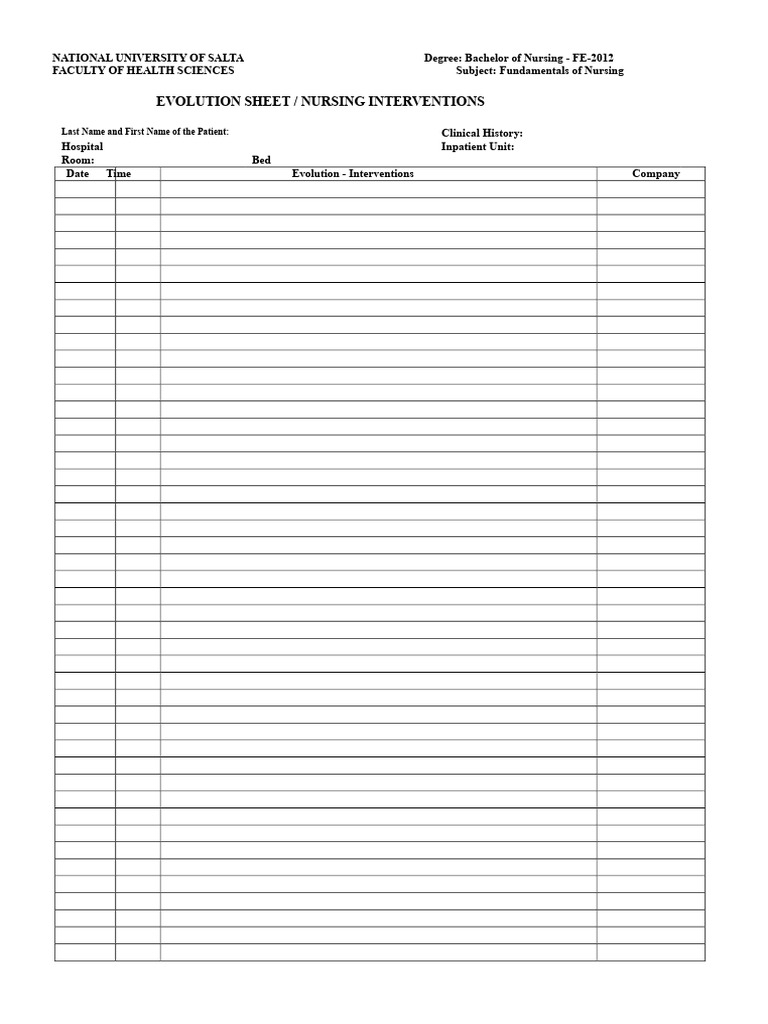 Evolution Sheet Interventions InFE-2012 Nursing PDF | PDF