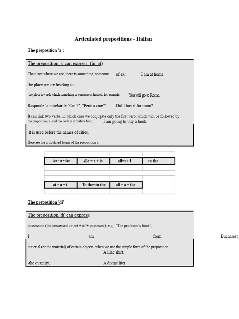 Italian Articulated Prepositions Guide | PDF | Grammatical Gender ...