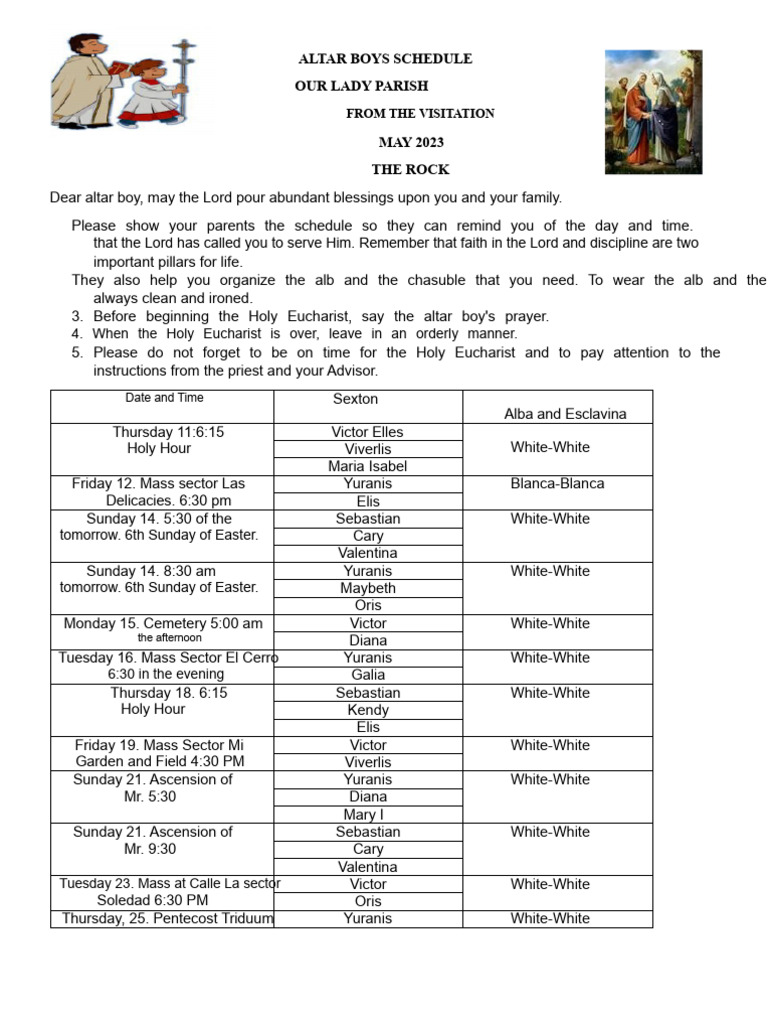 Schedules For Altar Servers | PDF | Mass (Liturgy) | Pentecost