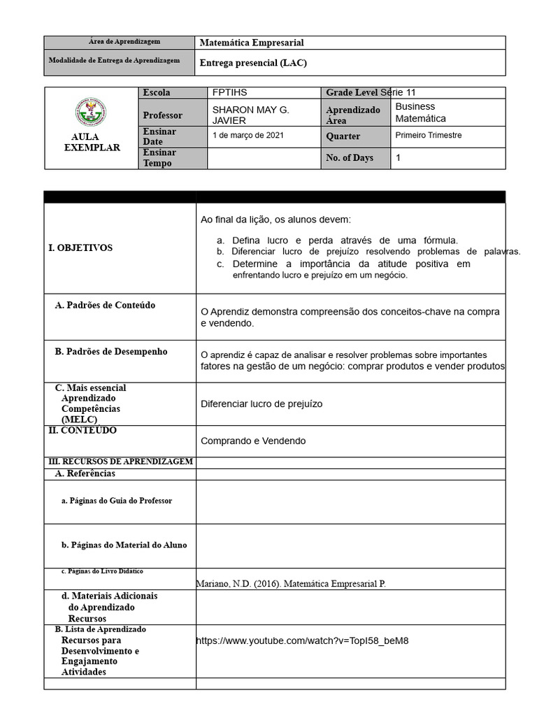 Lucro e Prejuízo em Matemática Empresarial | PDF | Aprendizado | Lição