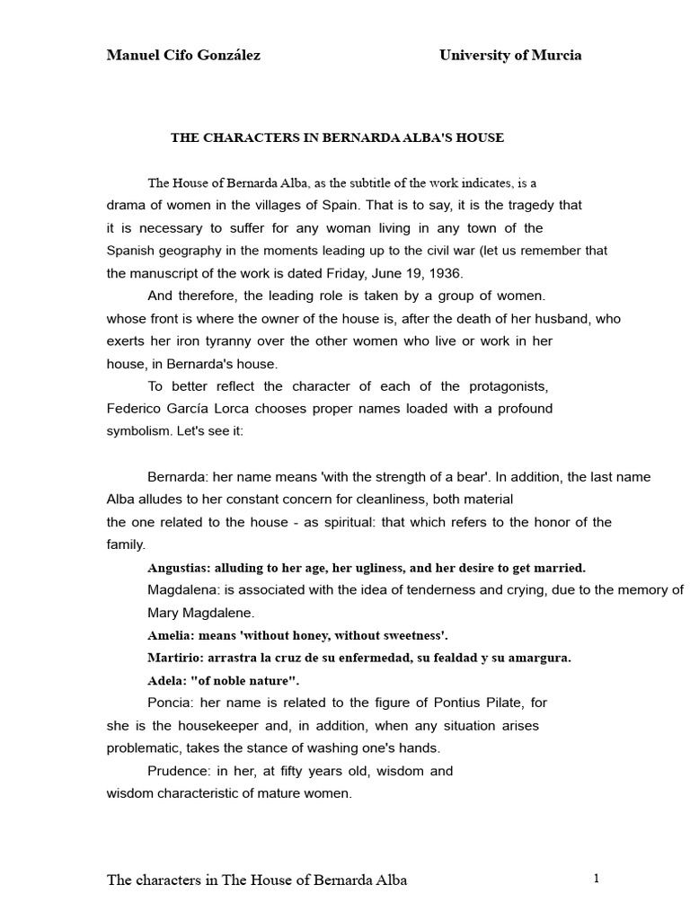 Characters in Bernarda Alba's House | PDF