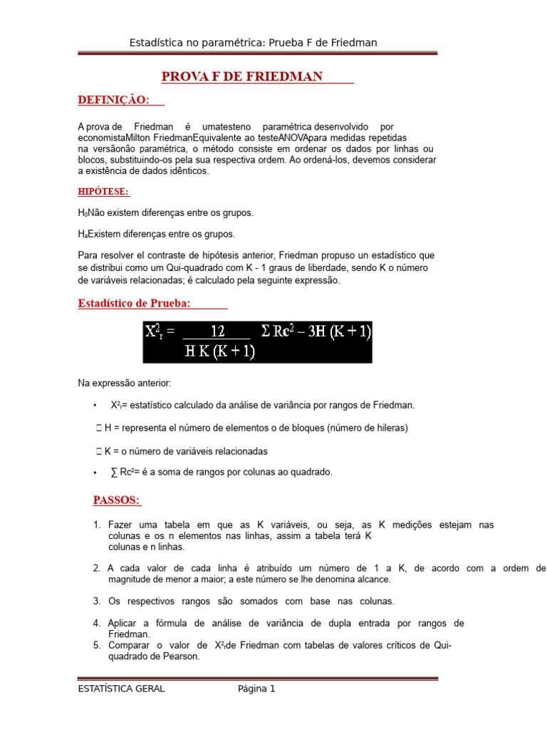 Teste F de Friedman: Estatística Não Paramétrica | PDF | Análise de ...