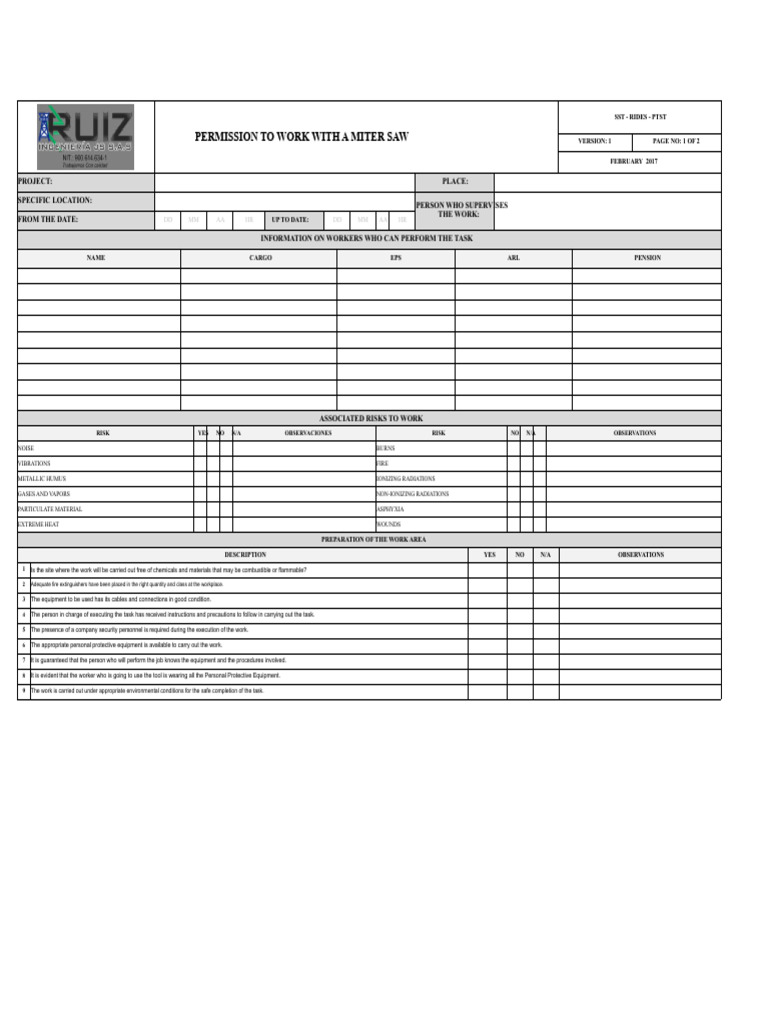 Permission To Work With A Chop Saw | PDF | Personal Protective ...