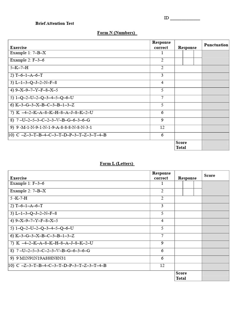 Brief Attention Test Results Form | PDF