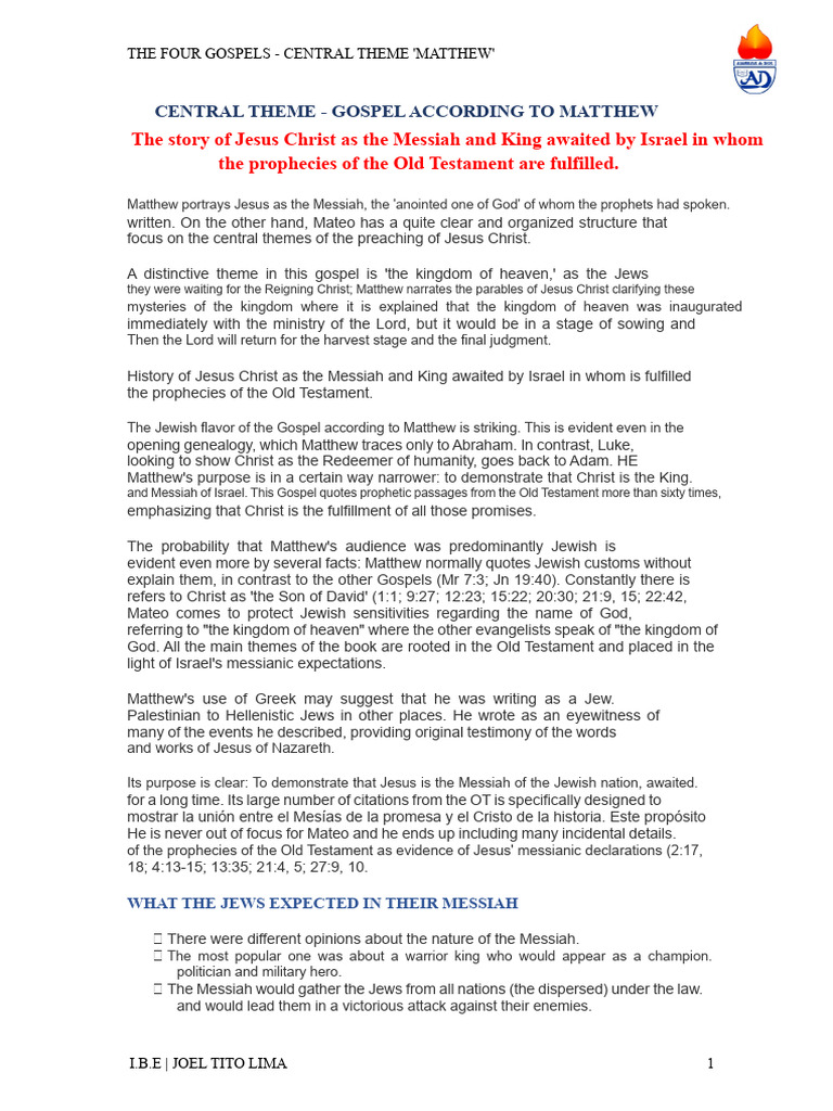 Central Theme of Matthew | PDF | Gospel Of Matthew | Jesus