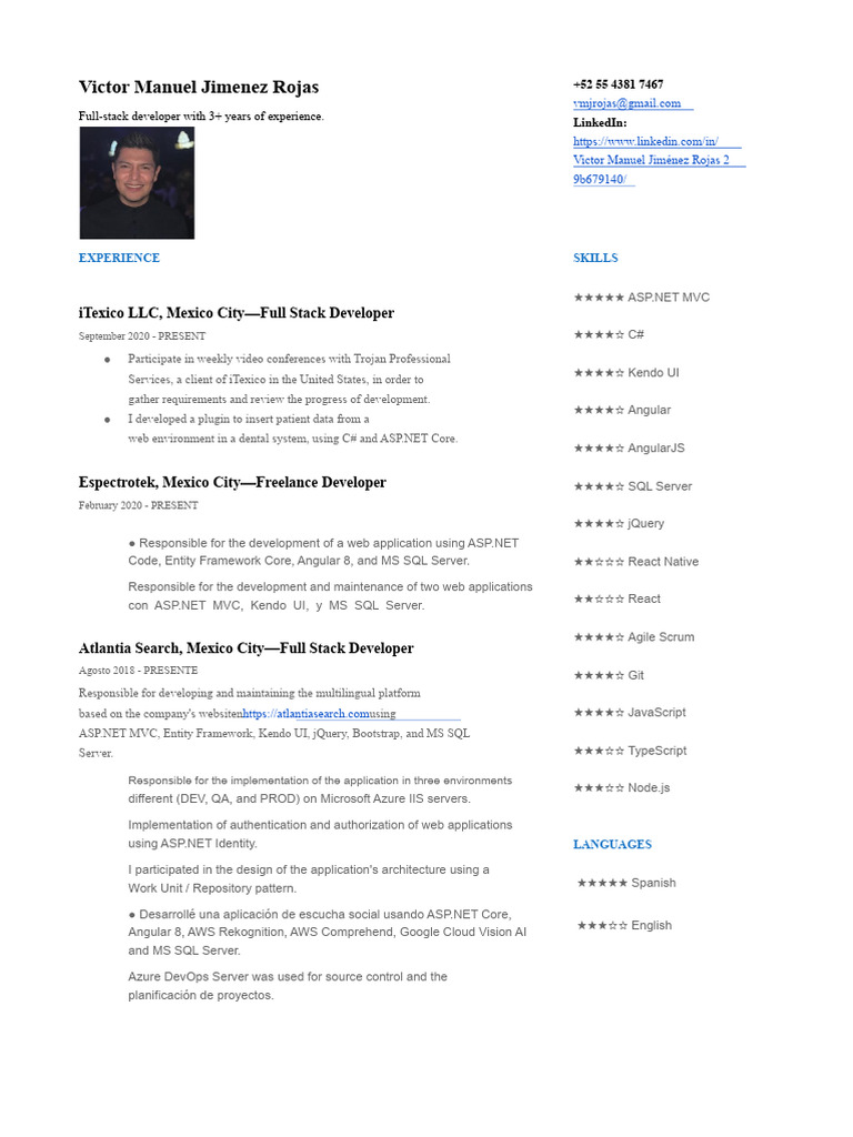 CV Victor Manuel Jimenez Rojas | PDF | J Query | Software Architecture