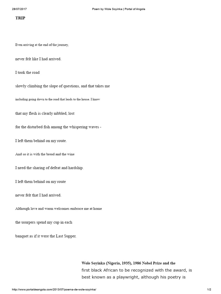 Poem by Wole Soyinka - Portal of Angola | PDF | Poetry | Writing