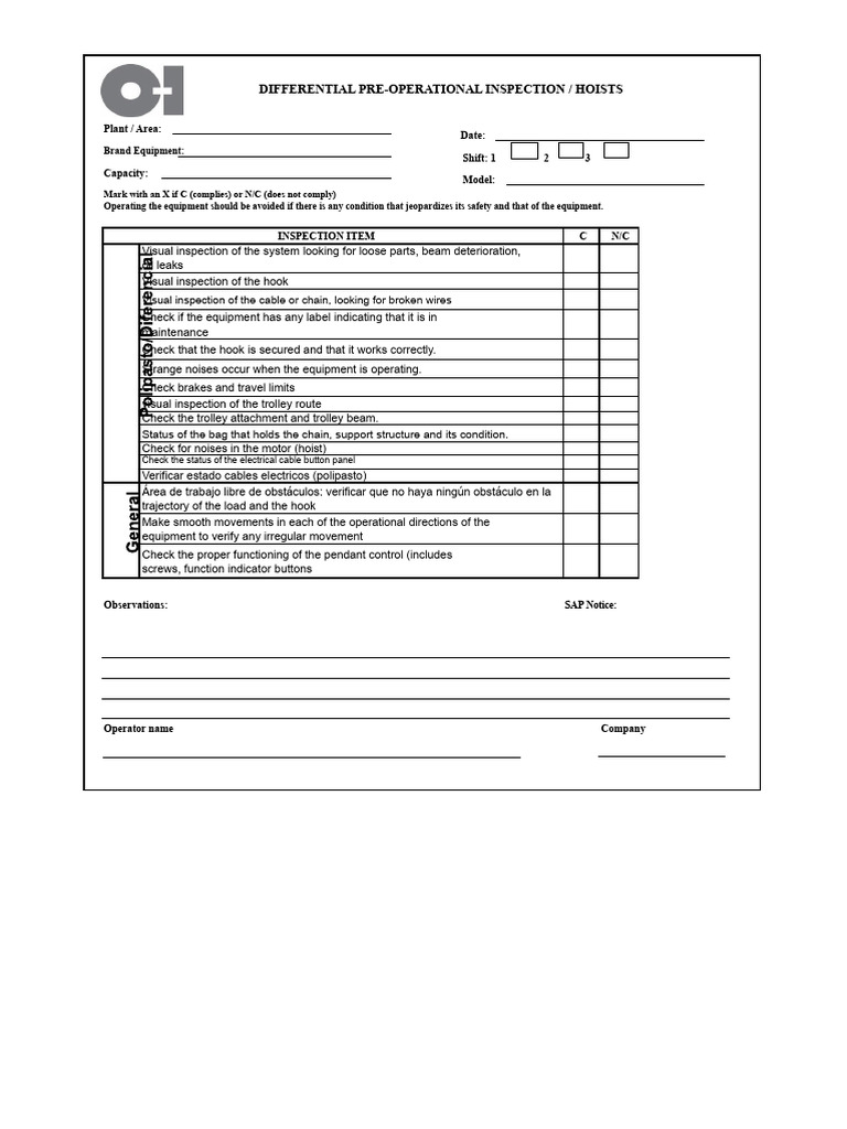 Differential Pre-Operational Checklist, Hoists | PDF