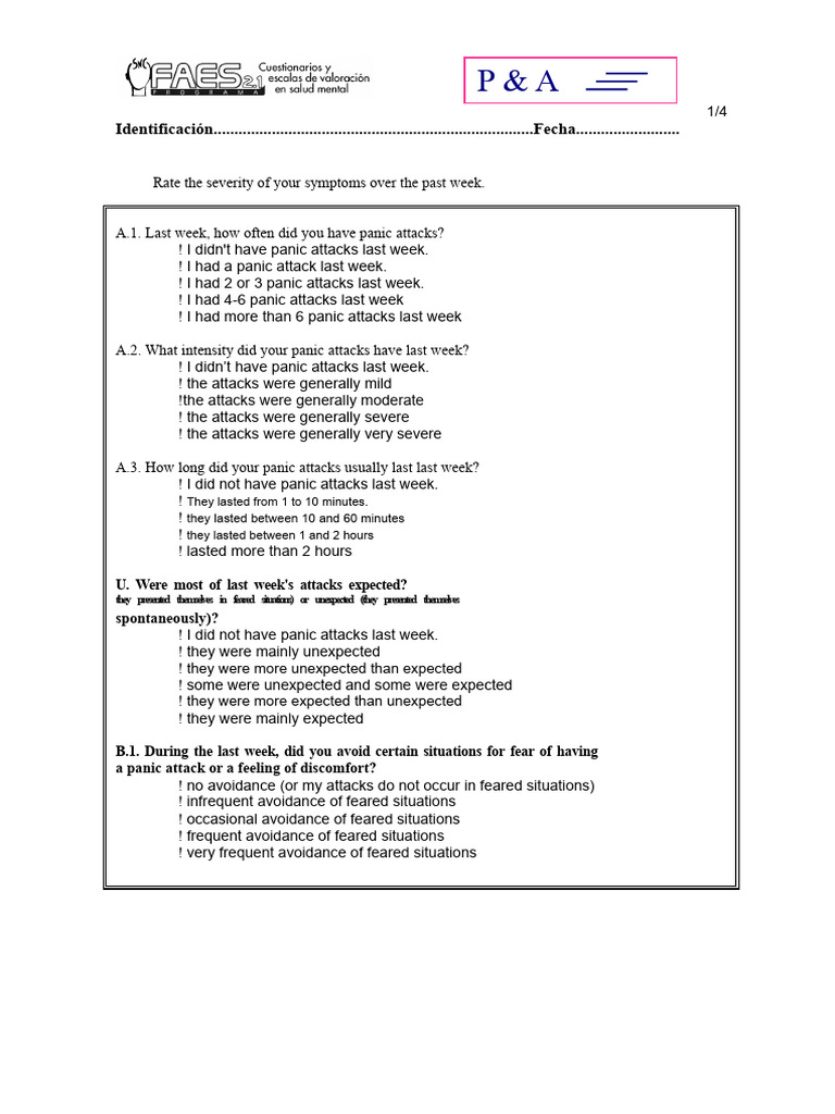 Panic Attack and Agoraphobia Assessment | PDF | Panic Attack | Agoraphobia