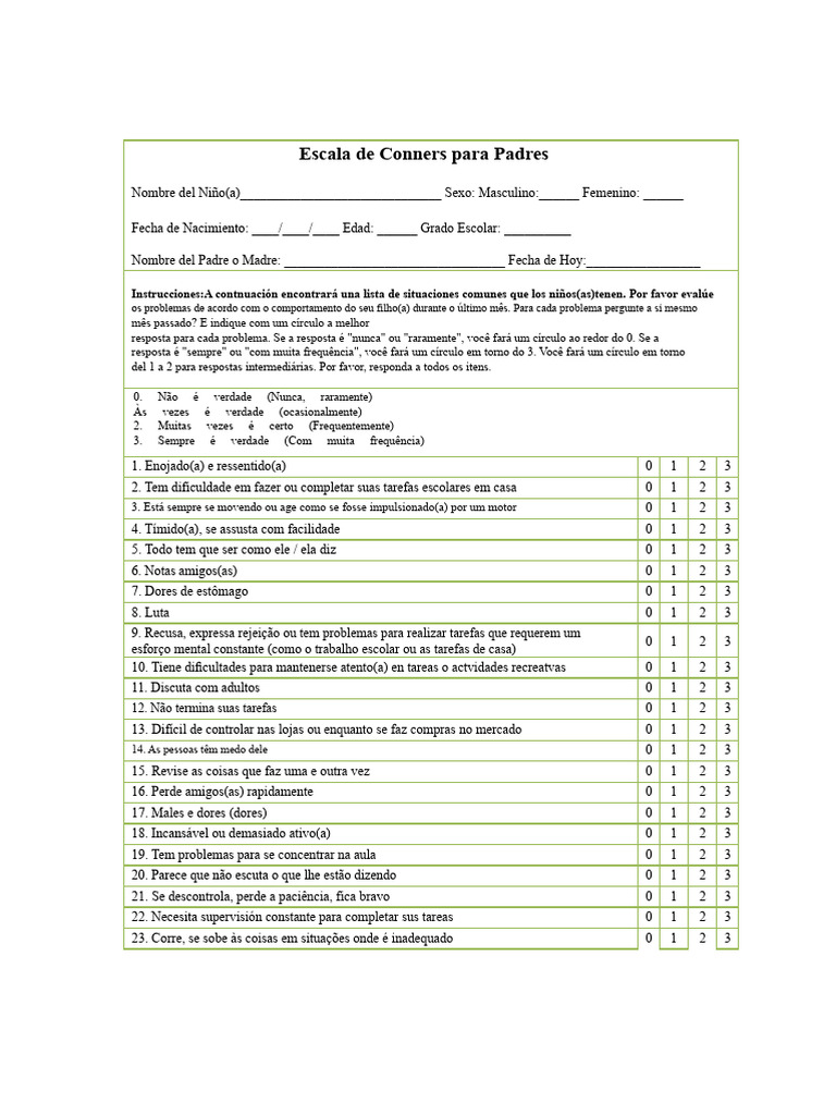 Escala de Conners para Pais | PDF | Transtorno de déficit de atenção e ...