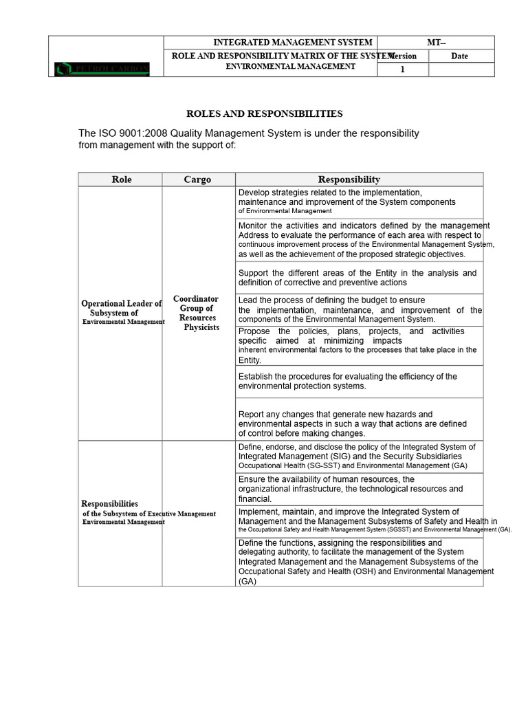 Mt-Sgi-08 Matrix of Environmental Roles and Responsibilities | PDF ...