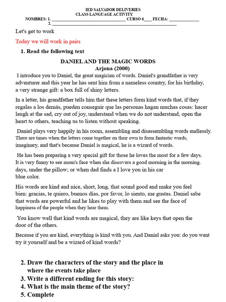 Language Activity: Daniel and Words | PDF