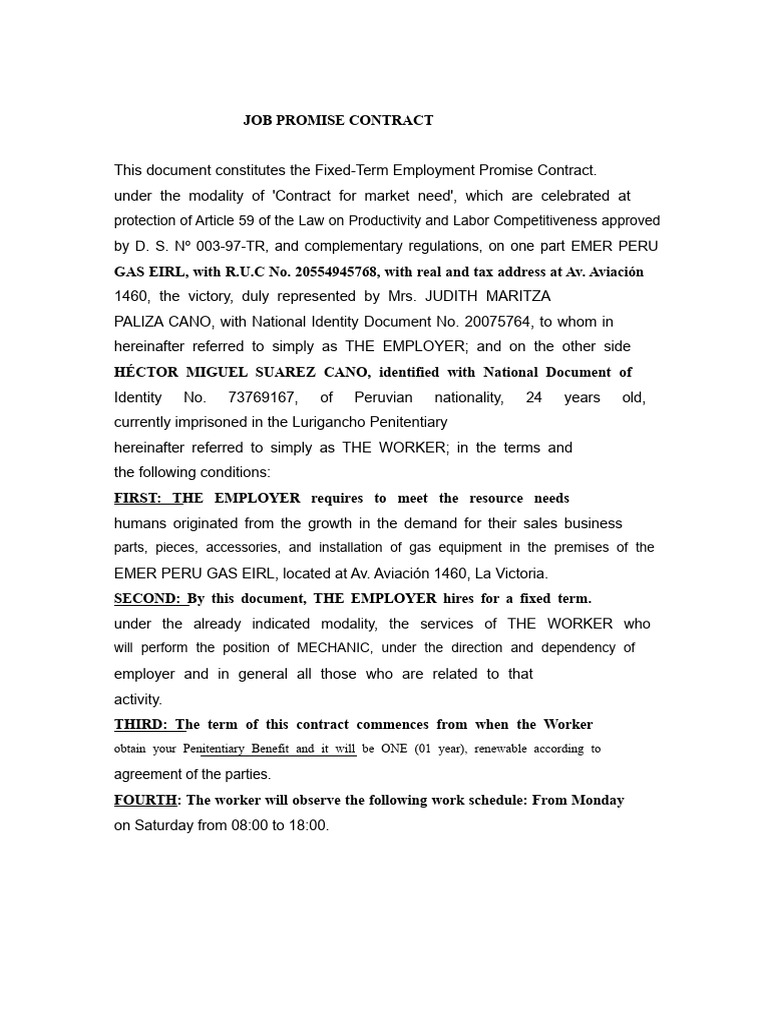 Work Promise Contract | PDF | Employment | Business