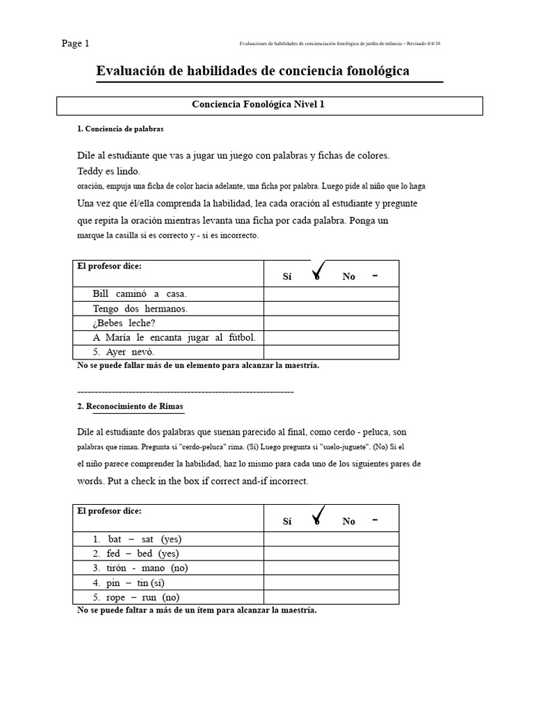 Evaluación de Habilidades de Conciencia Fonológica | PDF ...