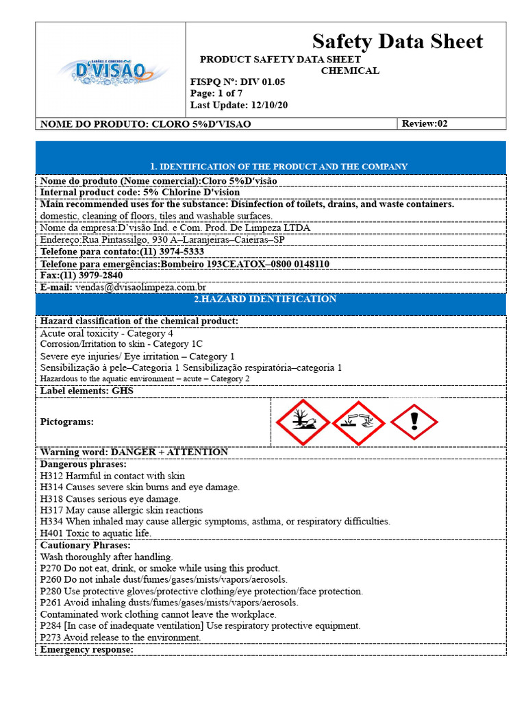 Safety Data Sheet - CHLORO 5% D Vision | PDF | Chlorine | Toxicity