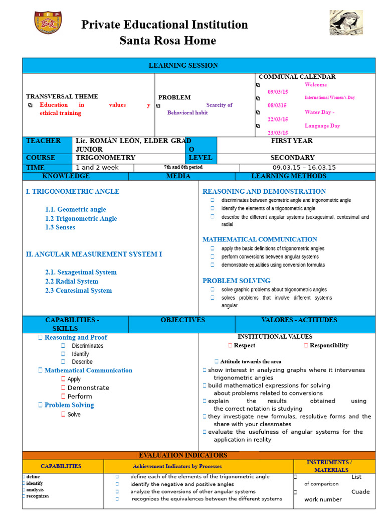 1st LEARNING SESSION - TRIGONOMETRY - 1st SECONDARY | PDF ...