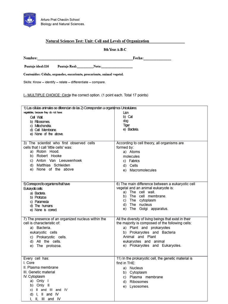 8th Grade Cell Biology Test | PDF | Cell (Biology) | Prokaryote